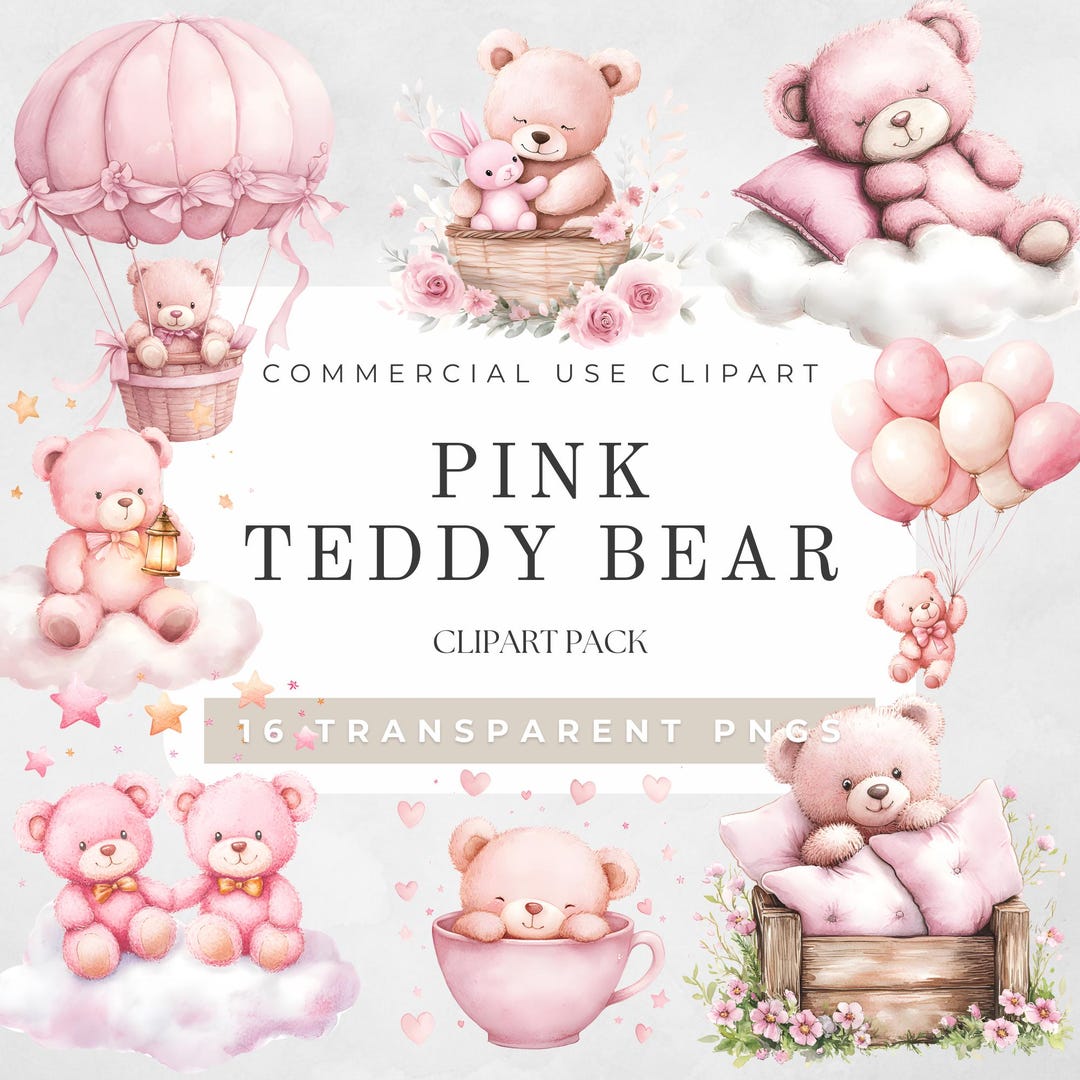 Pink Teddy Bear Clipart PNG Set | Watercolor Baby Bear Clipart Cute ...
