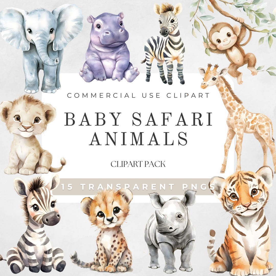 Cute Jungle Animal Clipart Watercolor, Cute Baby Animals, Baby Shower ...