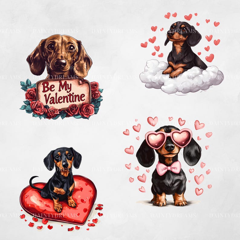Valentine Dachshund Clipart PNG Set | Watercolor Dachshund Valentine ...