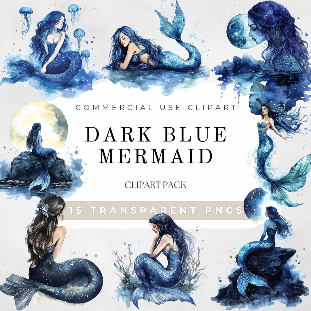 Dark Blue Mermaid Watercolor Clipart, Gothic Mermaid PNG, Fantasy ...