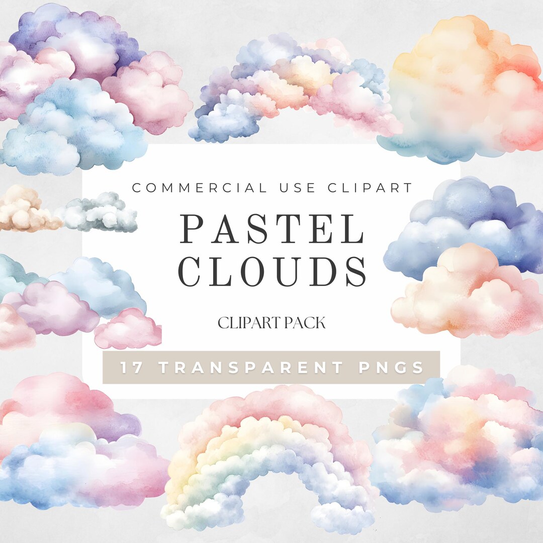 Pastel Cloud Clipart Bundle Watercolor Sky PNG Cute Rainbow Aesthetic ...