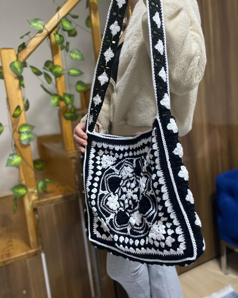 Granny Square Colorful Mandala Crochet Bag: Double-sided Cotton Yarn ...