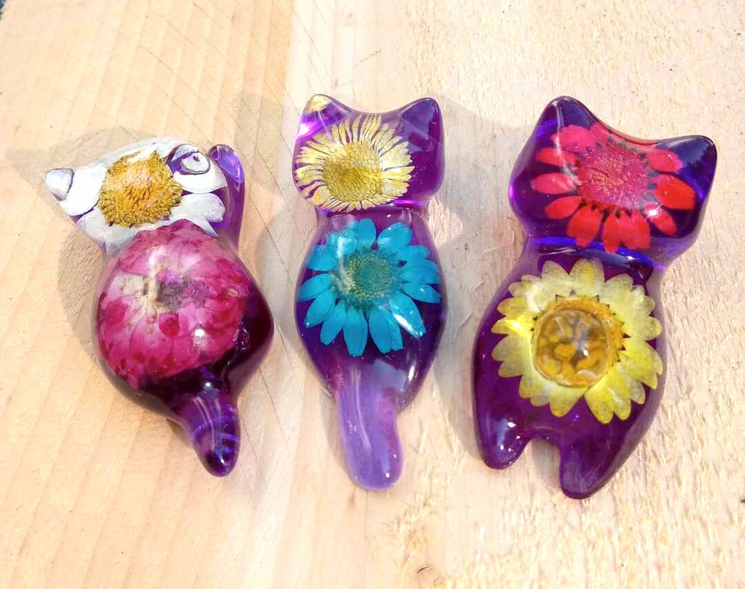 Cats Playing Sleeping Resin Cat Dried Pressed Flowers Floral Nature ...