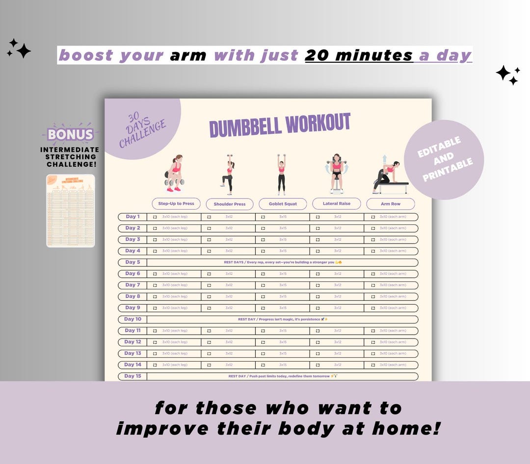 30 Day Dumbbell Workout Challenge Printable PDF | Home Gym Strength ...