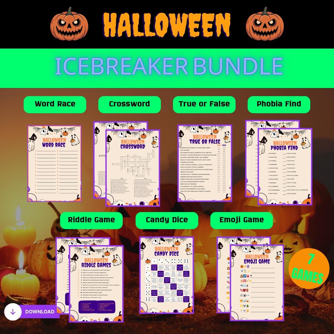 Halloween Icebreaker Game Bundle: Riddles, Emoji, Crossword (printable ...
