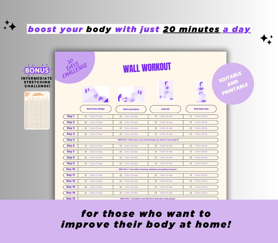 30 Day Wall Exercise Challenge Printable | Wall Fitness | Pilates Wall ...