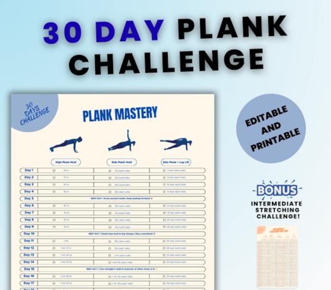 30 Day Plank Challenge Printable PDF | Core Strength Workout Calendar ...