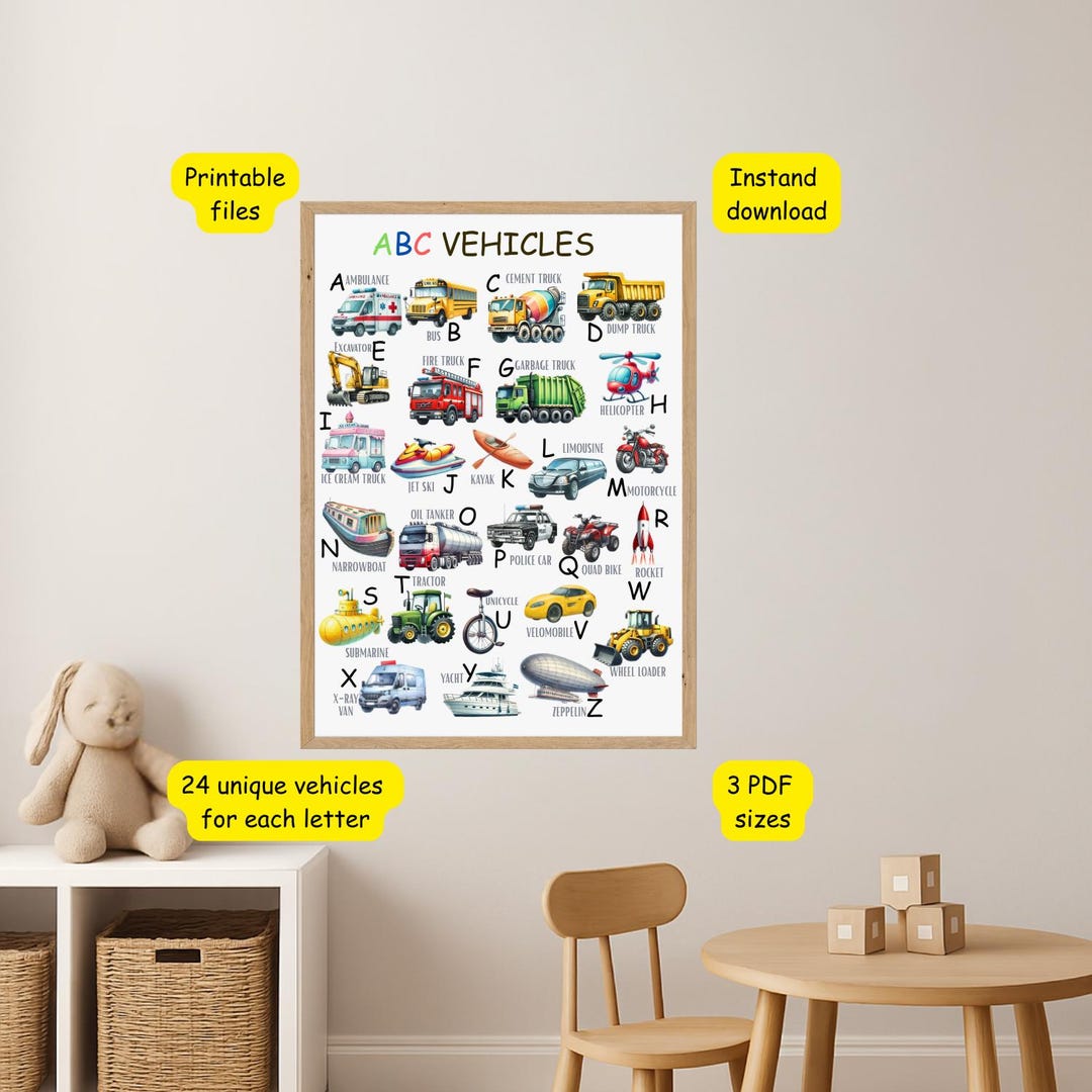 ABC Vehicle Alphabet Poster | Kids Transportation Wall Art | Car and ...
