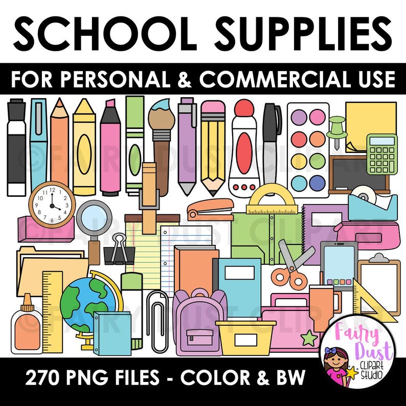 School Supplies Clipart Set for Commercial Use | School Supplies ...