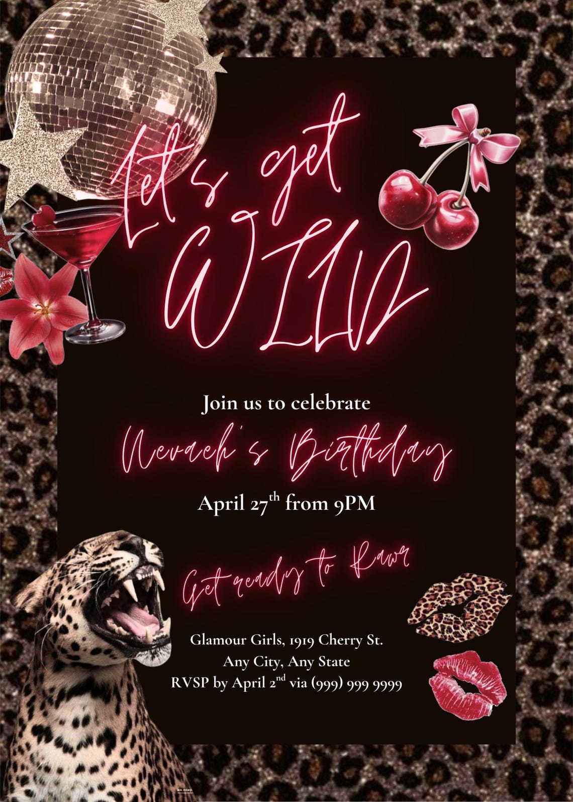 Cheetah Print Invitation Template: Glam Birthday, Bachelorette (digital ...
