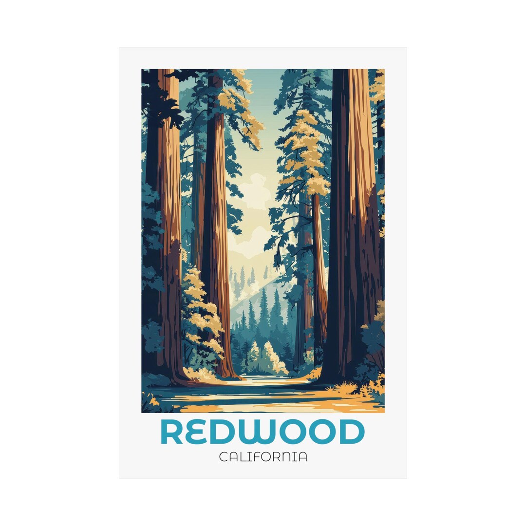 Redwood Forest Poster Retro Travel Print California Wall Decor Scenic ...