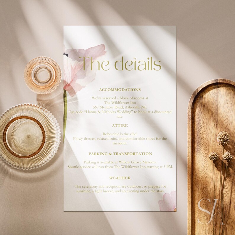 Boho Floral Wedding Details Card Template: Minimalist Printable (canva ...