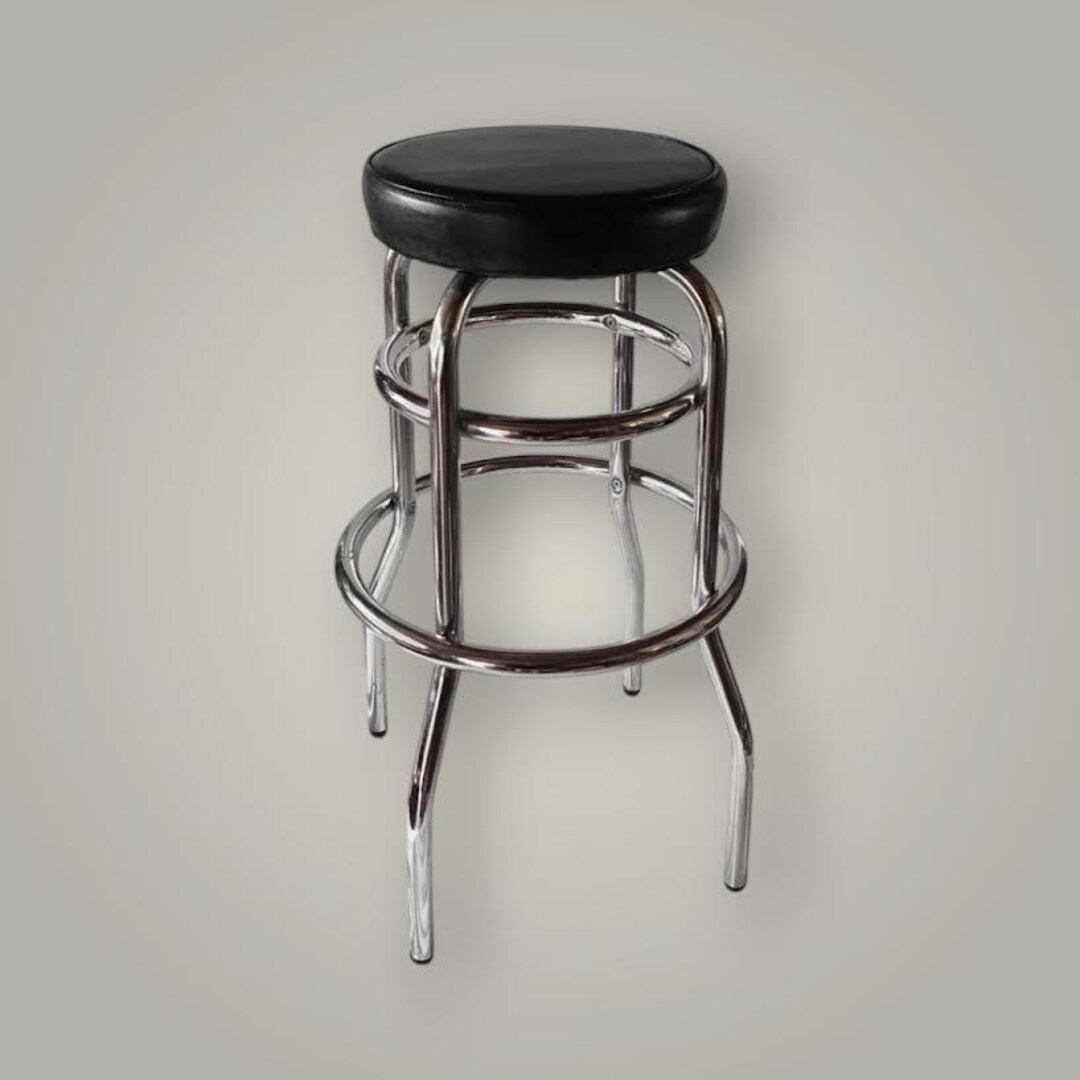 Vintage Industrial Bar Stool – Black Leatherette Seat and Chrome Metal ...