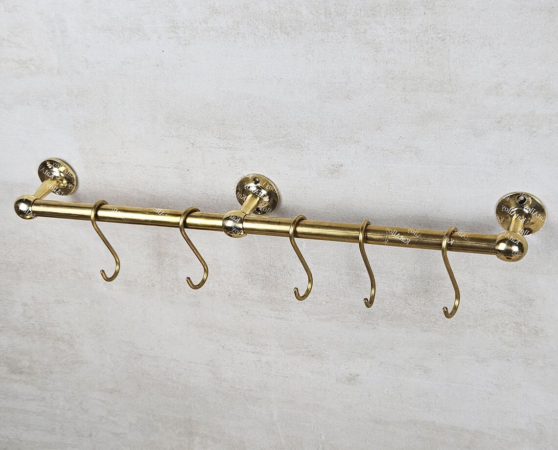 Wall Mounted Brass Pot Rack With Hooks, Solid Brass Pot and Pan Hanging ...