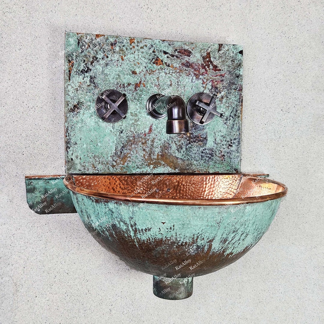 Green Patina Copper Wall Mount Bathroom Sink, Oxidized Wall Mounted ...