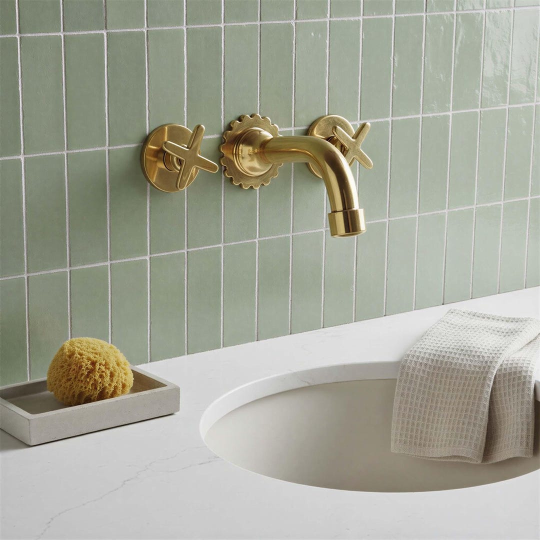 Unlacquered Tap Mixer With Cross Handles - Handmade Wall Mount Bathroom ...