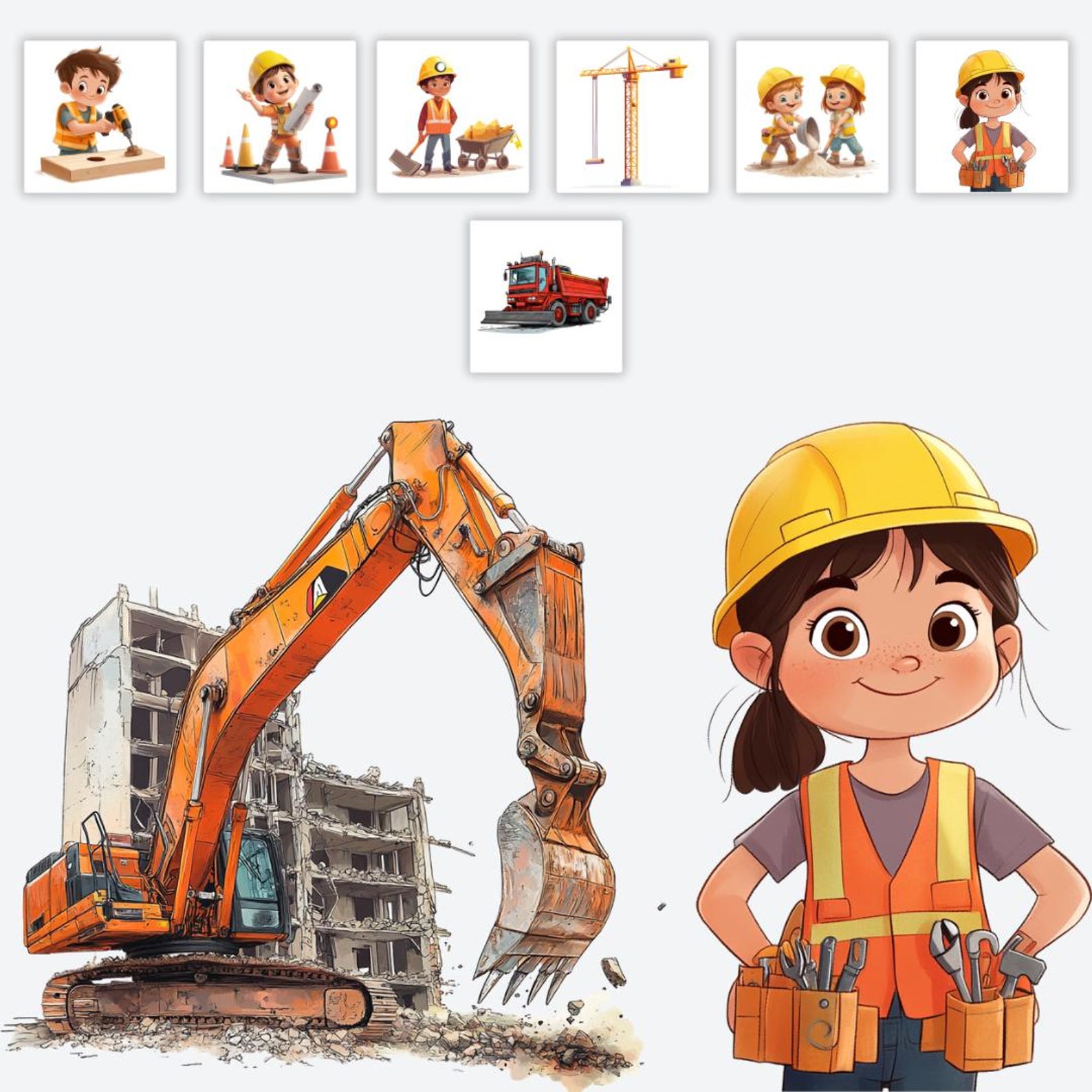 Watercolor Construction Clipart Bundle Vehicles Workers PNG Truck ...