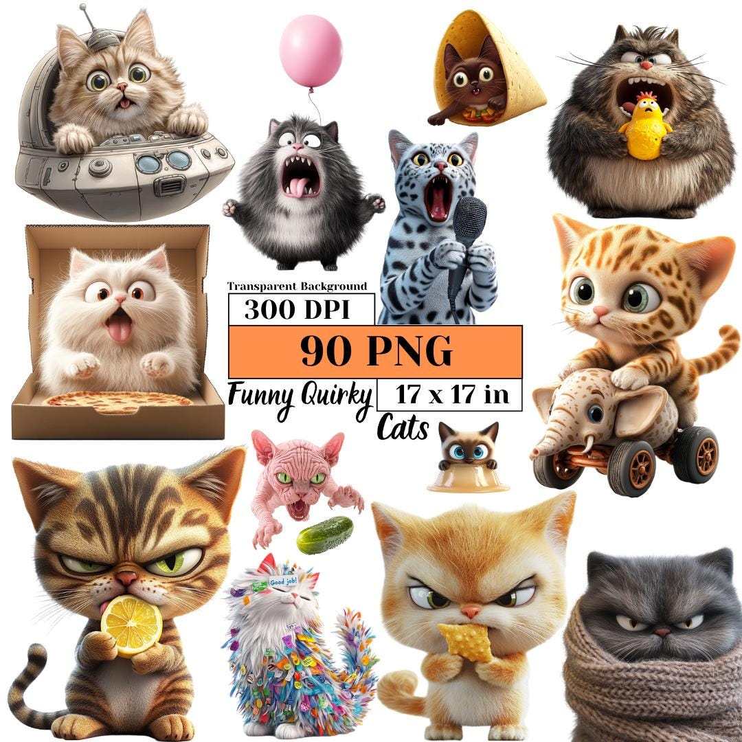 Funny Quirky Cat Clipart Bundle Grumpy Cat PNG Whimsical Cat Stickers ...