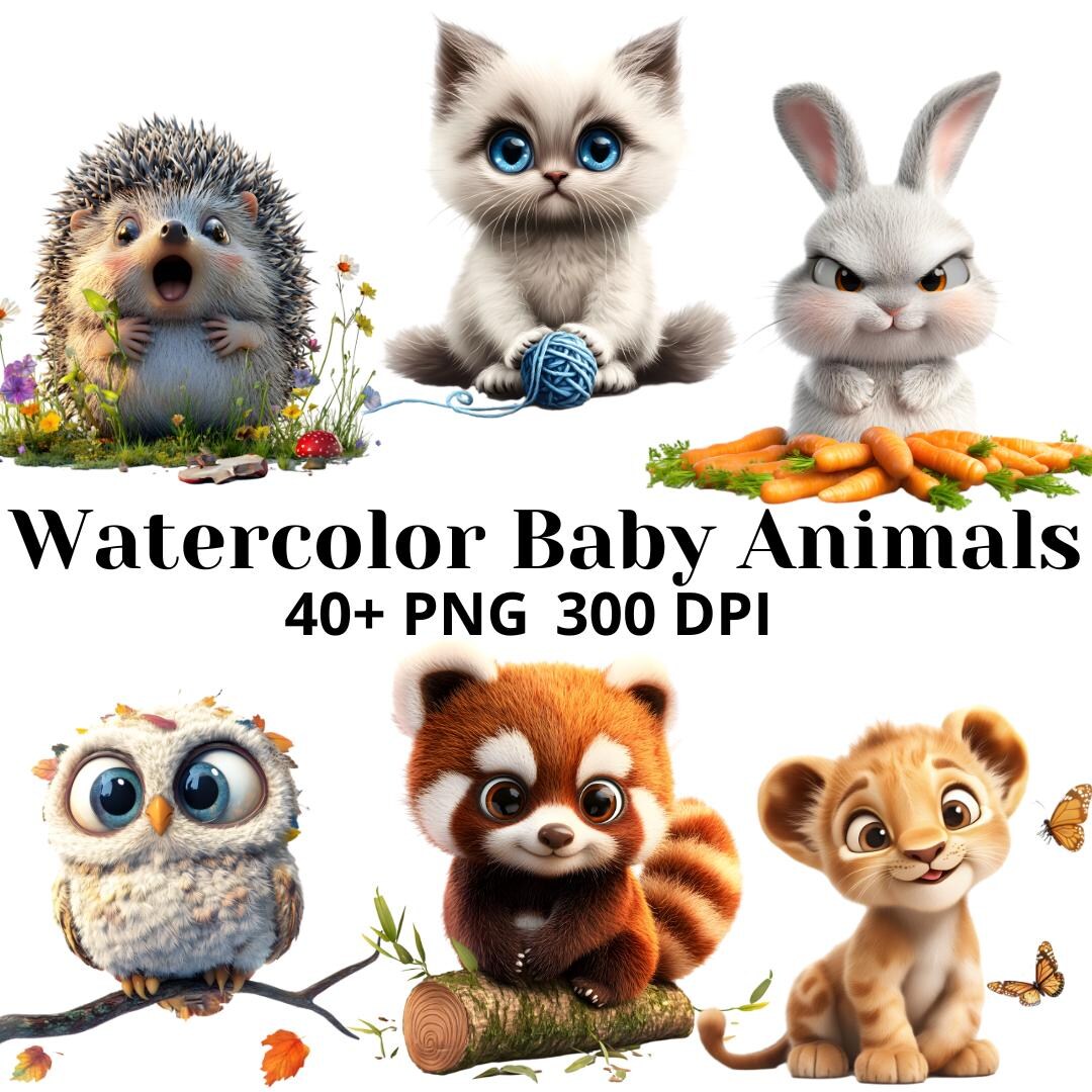 Watercolor Baby Animals Clipart, Cute Animal PNG Bundle, Adorable ...
