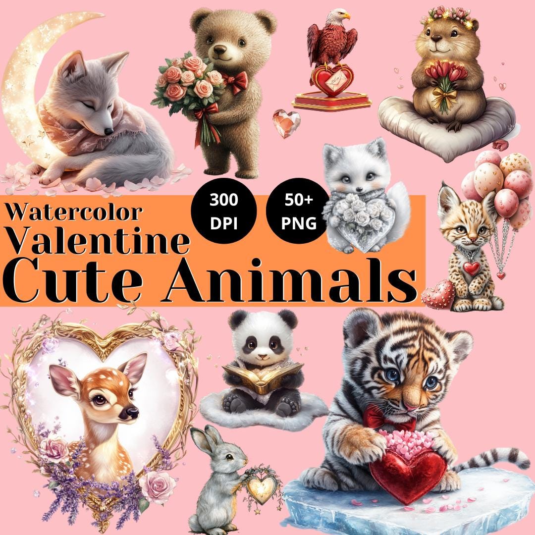 Valentine Cute Animals Clipart Set, Romantic Baby Animal Pngs, Love ...