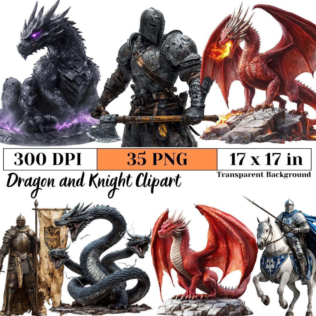 Realistic Dragon and Knight Clipart Bundle – Fantasy PNG for ...