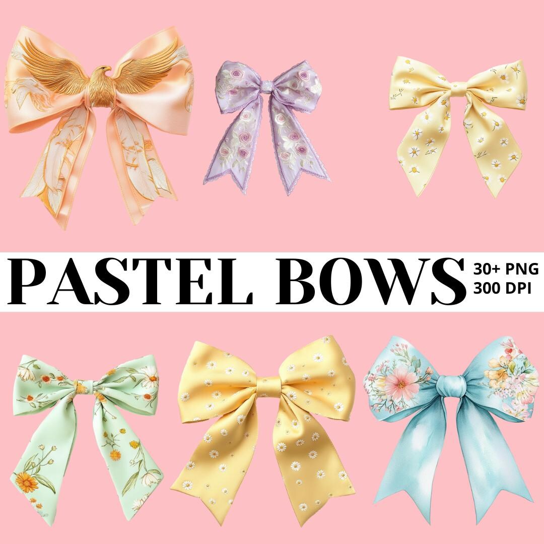 Pastel Bows Clipart, Coquette Watercolor Ribbon PNG Bundle, Multicolor ...