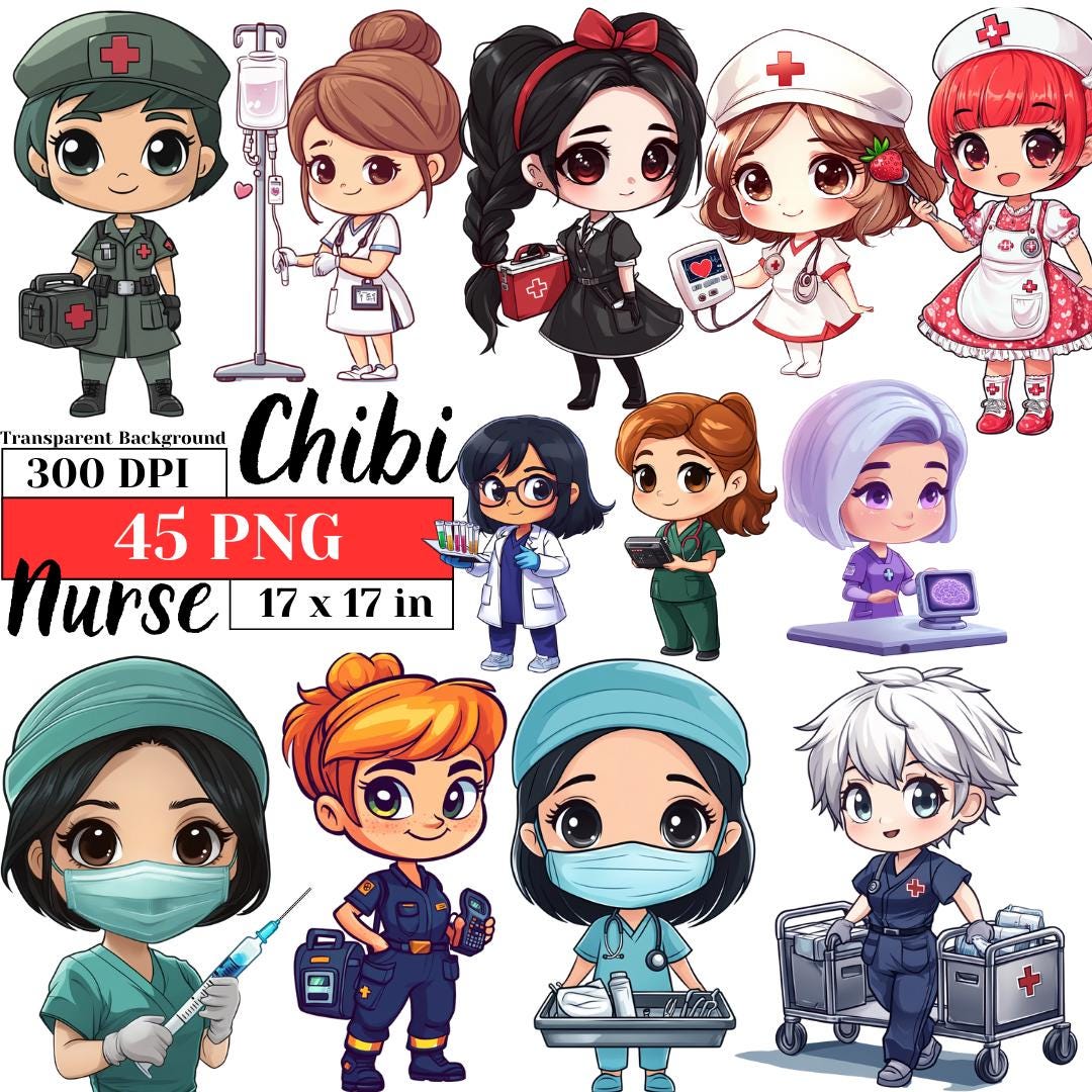 Chibi Nurse Clipart PNG Medical Healthcare Clipart Bundle Hospital Cute ...