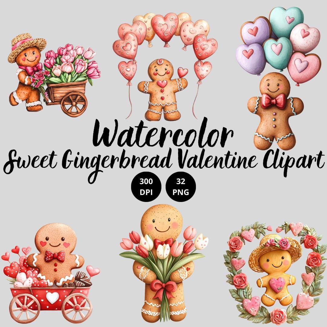 Watercolor Sweet Gingerbread Valentine Clipart, Romantic Cookie ...