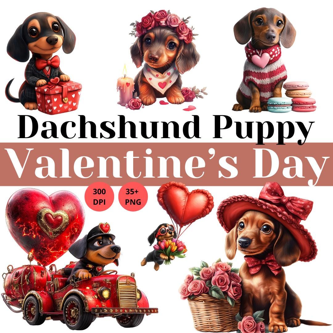Valentine’s Day Dachshund Puppy Clipart, Sausage Dog PNG, Love-themed ...