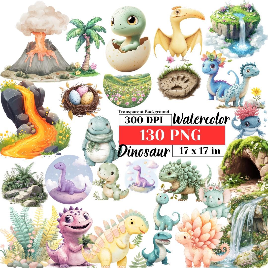 Watercolor Dinosaur Clipart, Cute Dino PNG, Baby Dinosaur Clipart ...