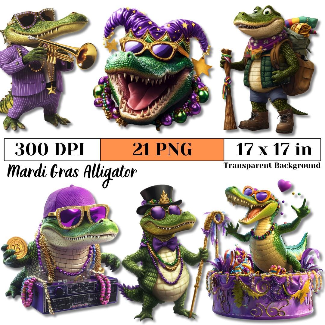 Mardi Gras Alligator PNG, Crawfish Beads Clipart, Festival Party ...