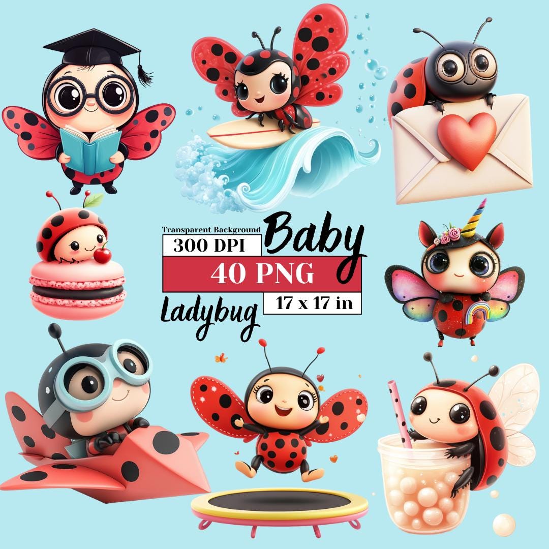 Adorable Cute Baby Ladybug Clipart Bundle High Quality PNG Designs for ...