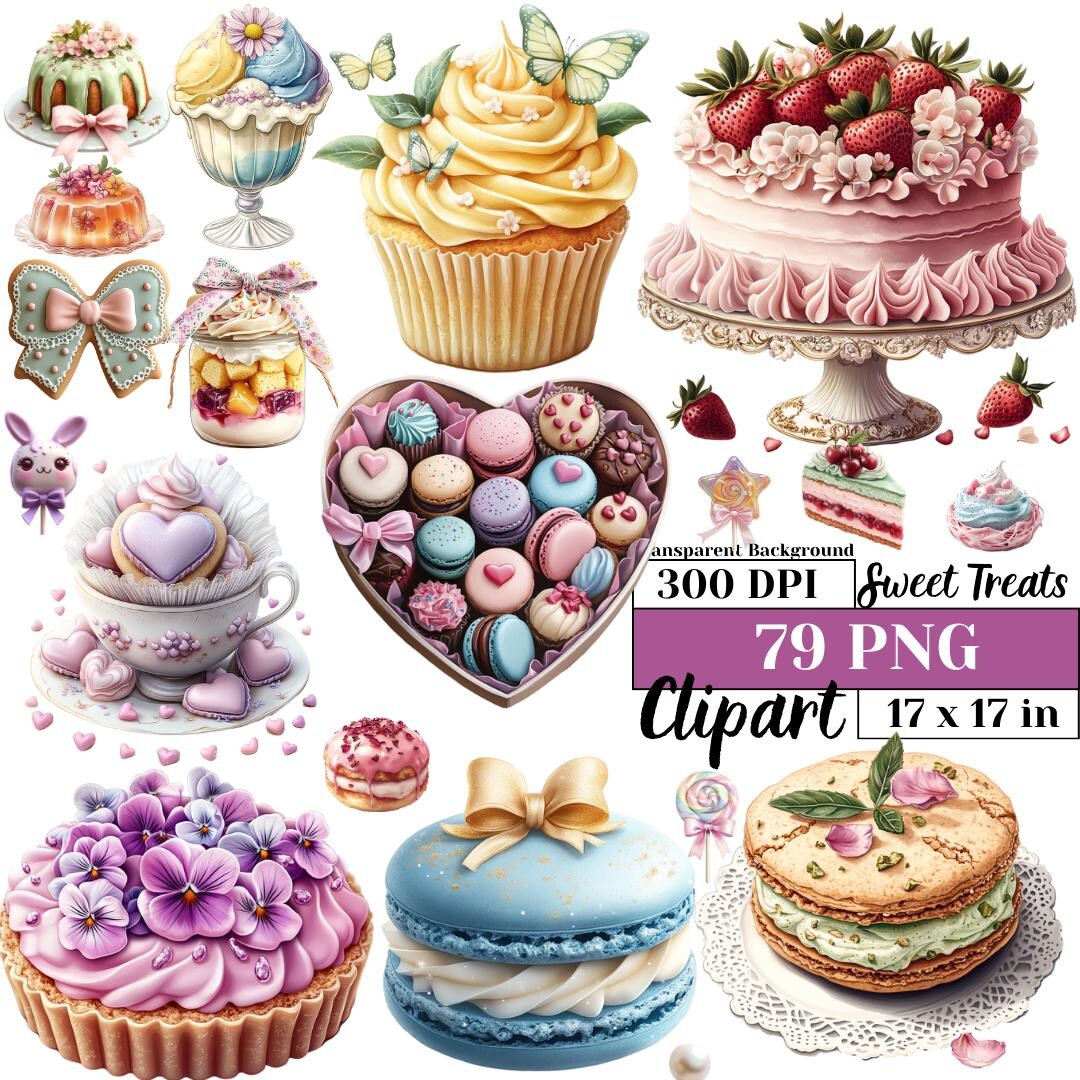 Watercolor Sweet Treats Clipart Pastel Retro Bakery PNG Girly Dessert ...
