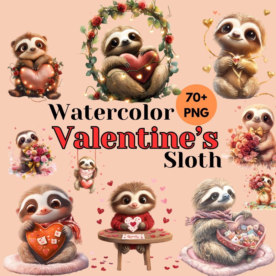 Cute Valentines Sloth Clipart, Watercolor Love PNG Bundle, Romantic ...