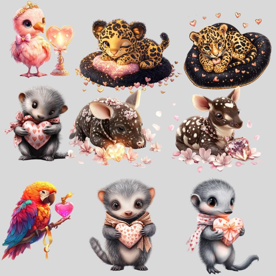 Adorable Valentine’s Day Baby Animals Clipart, Cute Love Themed Animal ...