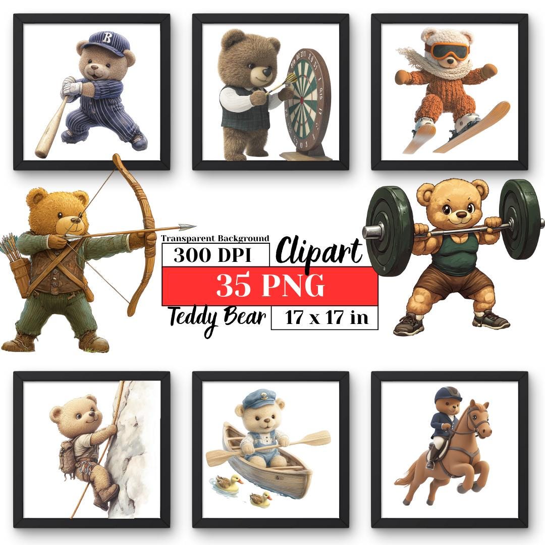 Teddy Bear Sports Clipart Baby Shower Gift Boy Nursery Wall Art Kids ...