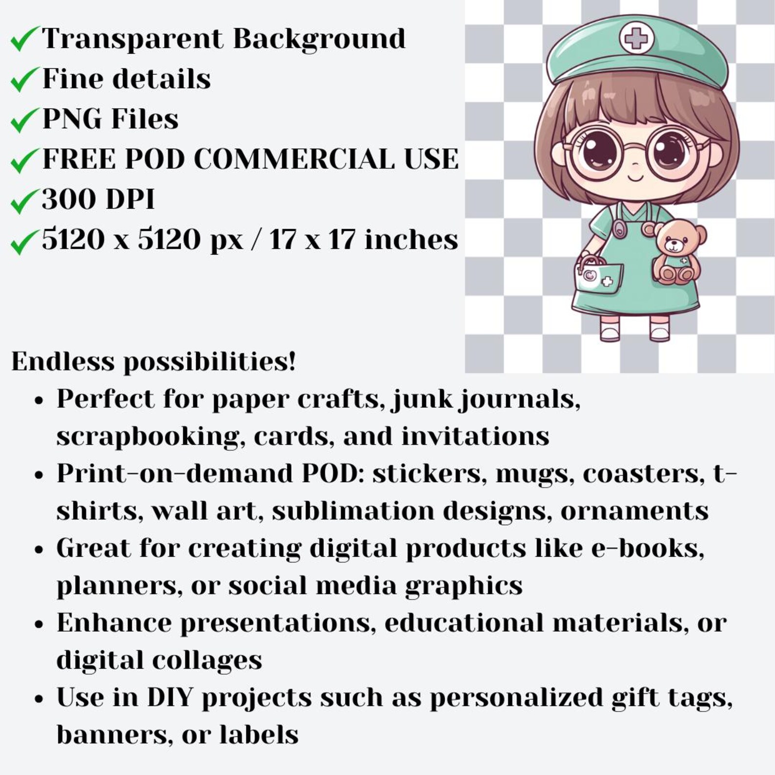 Chibi Nurse Clipart PNG Medical Healthcare Clipart Bundle Hospital Cute ...