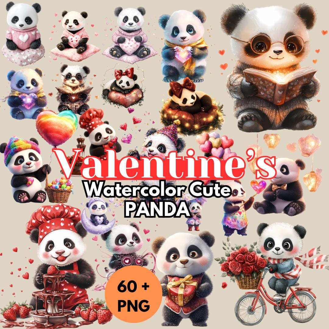 60+ Valentines Panda Clipart, Cute Panda PNG Bundle, Watercolor Love ...