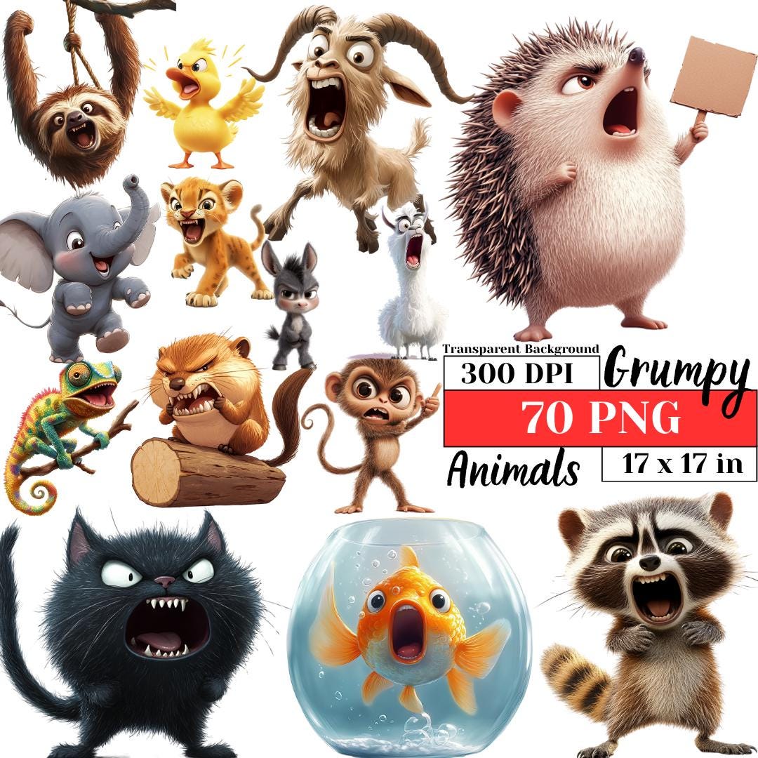 Funny Grumpy Animals PNG Clipart Digital Download Cute Animal Art ...