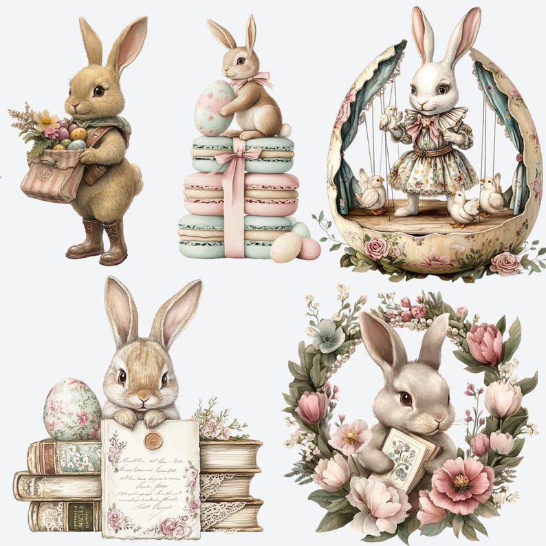 Vintage Easter Bunny Clipart Retro Rabbit Floral Watercolor Spring Junk ...