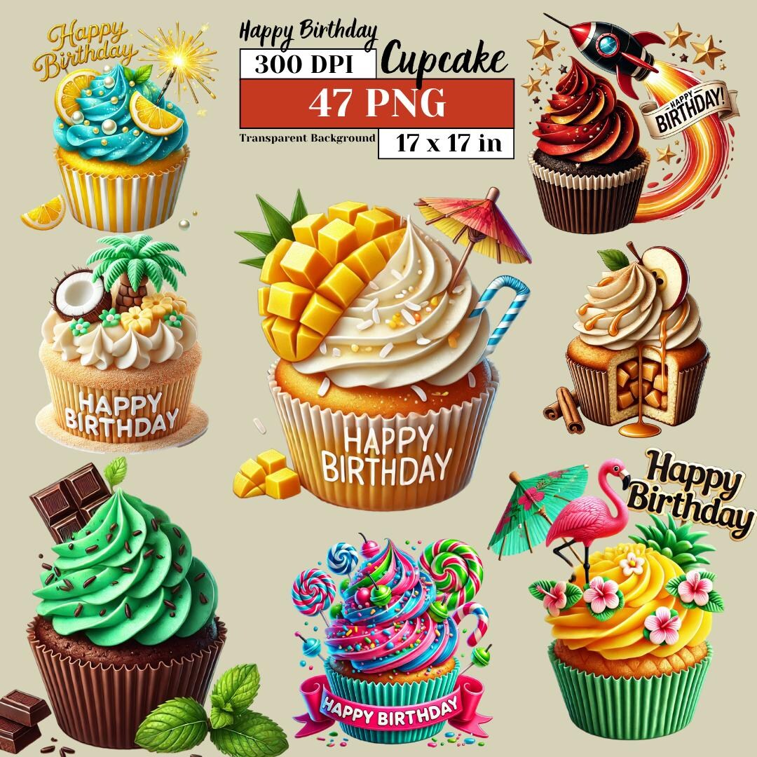 Birthday Cupcake Clipart Bundle High Quality PNG Cute Party Invitations ...
