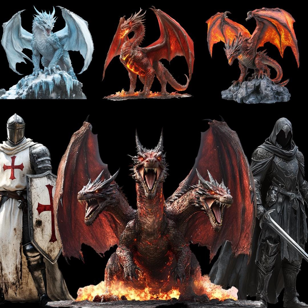 Realistic Dragon and Knight Clipart Bundle – Fantasy PNG for ...