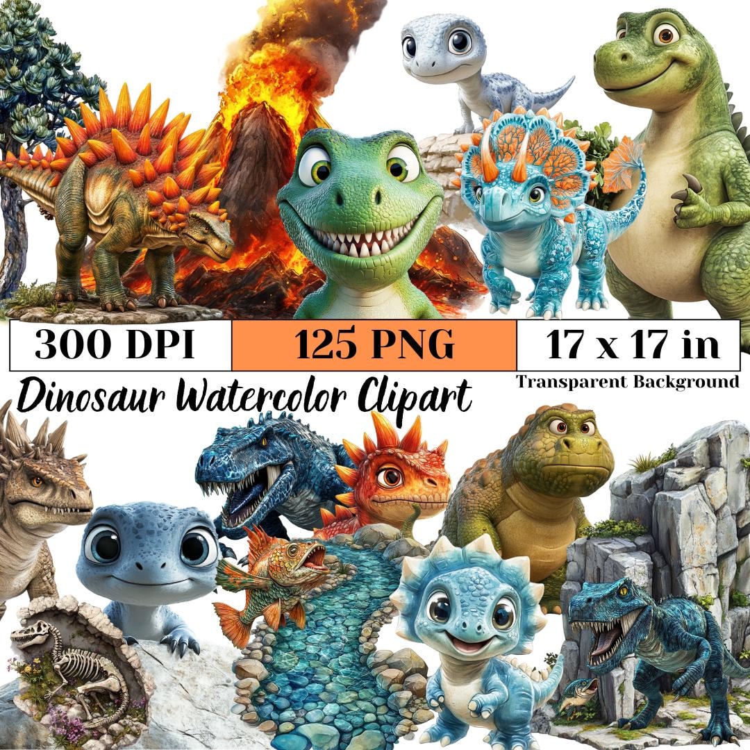 Dinosaur Watercolor Clipart Bundle, Cute Baby Dinosaur Pngs, Cartoon ...