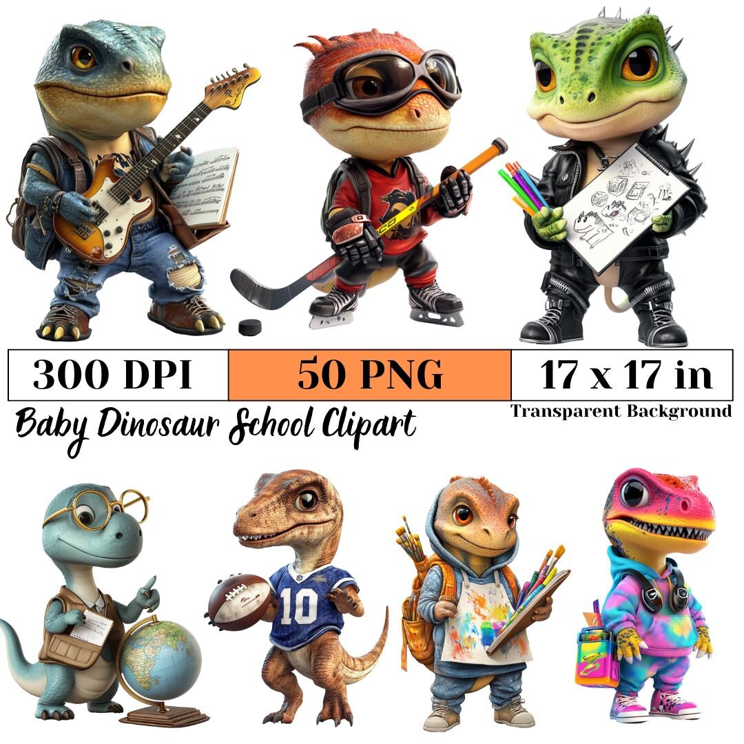 Cute Baby Dinosaur School Clipart, Back to School Dino PNG, Fun ...