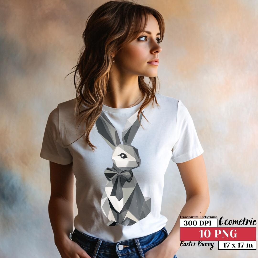 Geometric Cute Easter Bunny PNG Monochromatic Gray Coquette Bow Retro ...