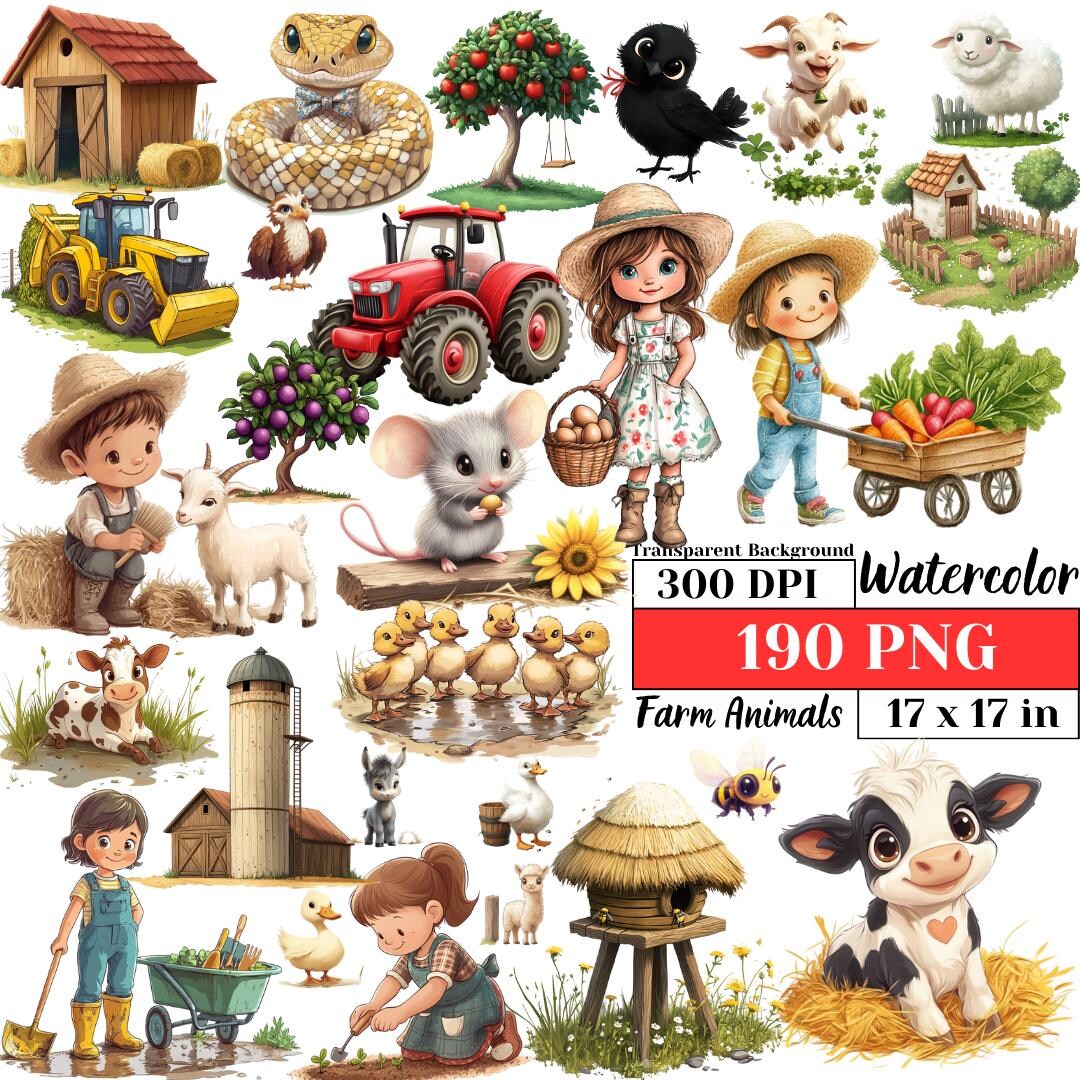 Cute Watercolor Farm Animals Clipart Cottagecore Baby PNG Neutral ...