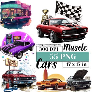 Watercolor Muscle Car Clipart Bundle Classic 70s 80s American Cars PNG ...