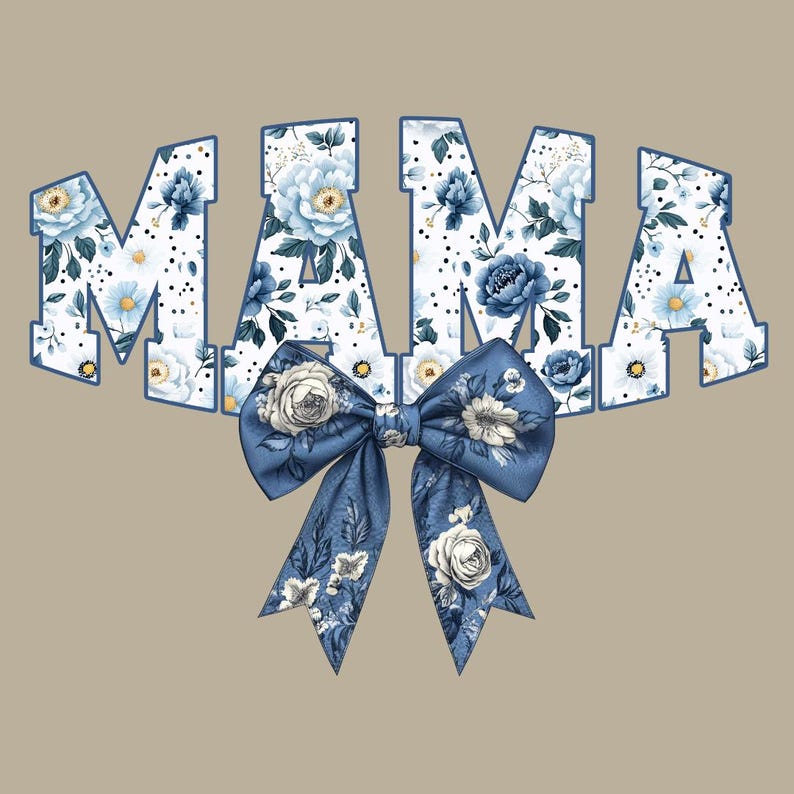 Mama Floral PNG Design Dark Blue Outline Blue White Watercolor Flowers ...