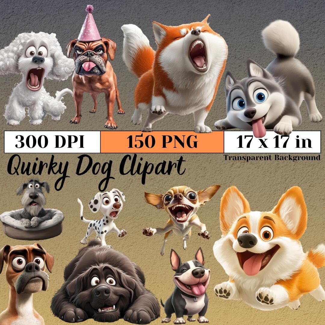 Quirky Dog Breed Clipart, Funny and Whimsical Dog Pngs for Sublimation ...