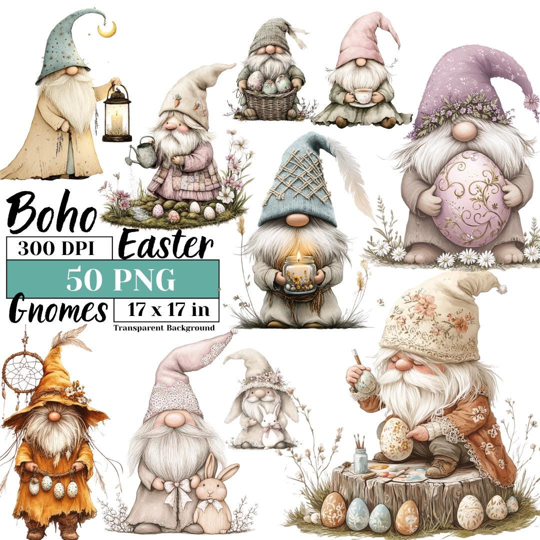 Watercolor Boho Easter Gnomes PNG Clipart Cute Spring Bunny Gnome ...